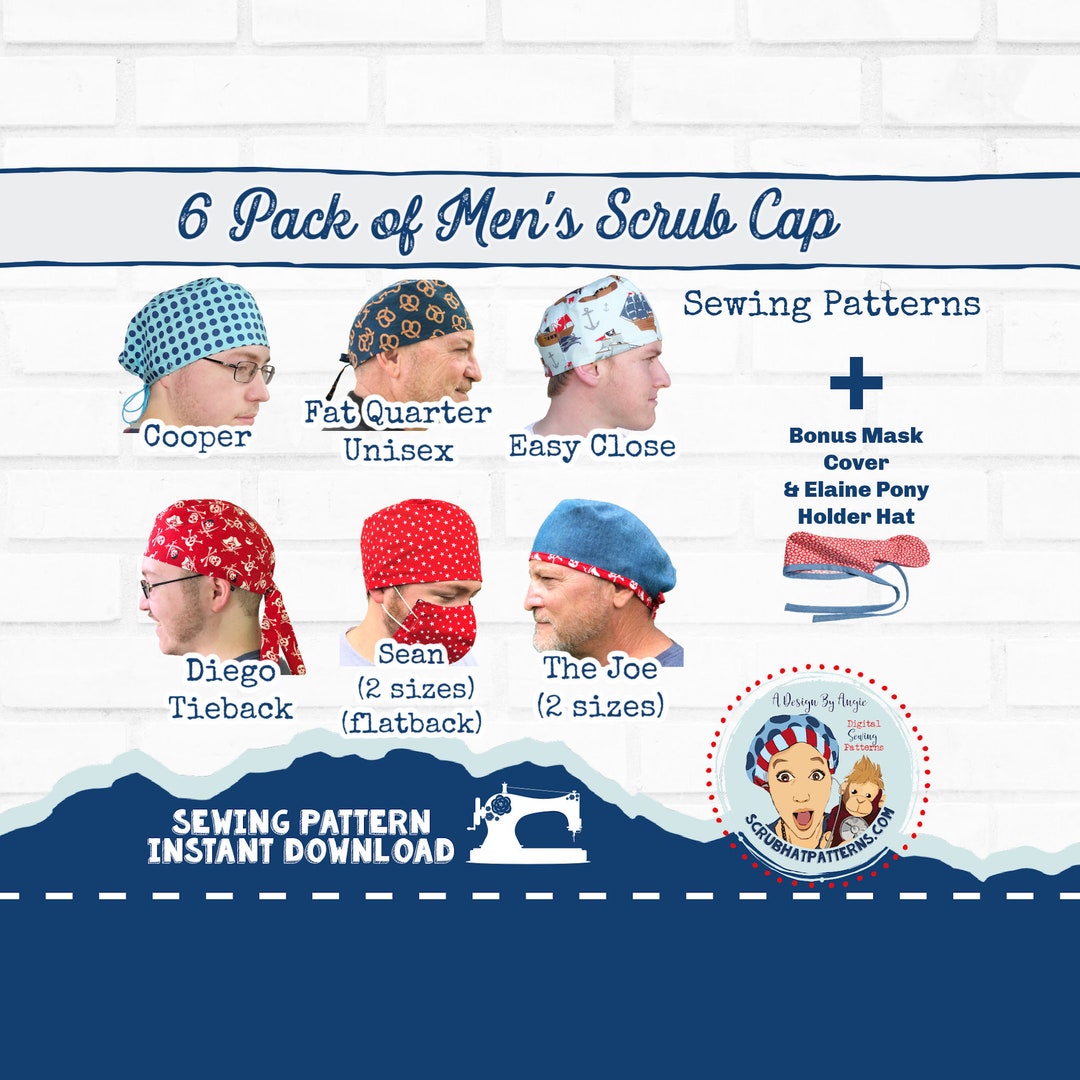 6 Pack of Mens Unisex Surgical Scrub Cap Hat Sewing Patterns Plus Bonus ...