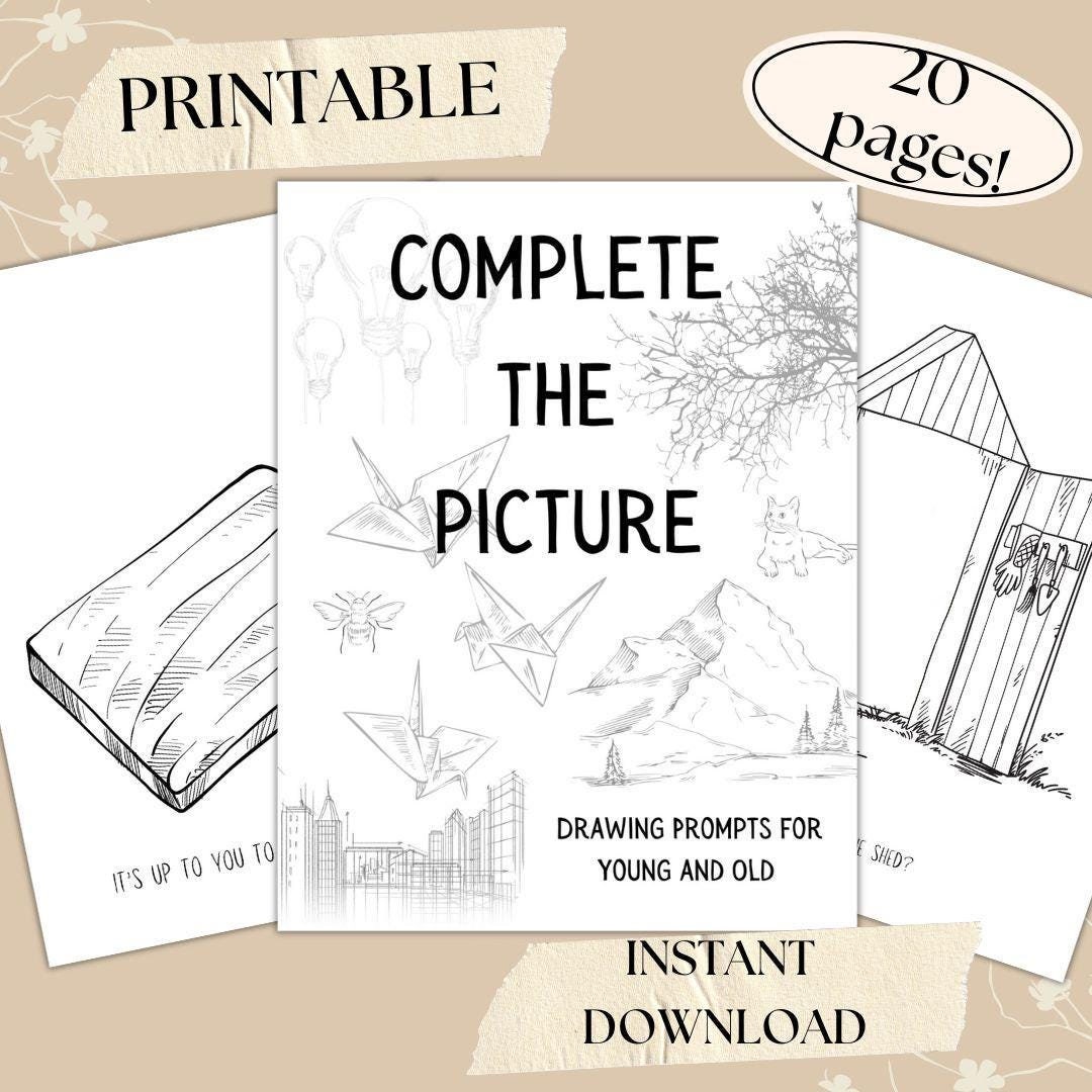 Complete the Picture, Digital Printable Drawing Prompts, Adult Drawing ...