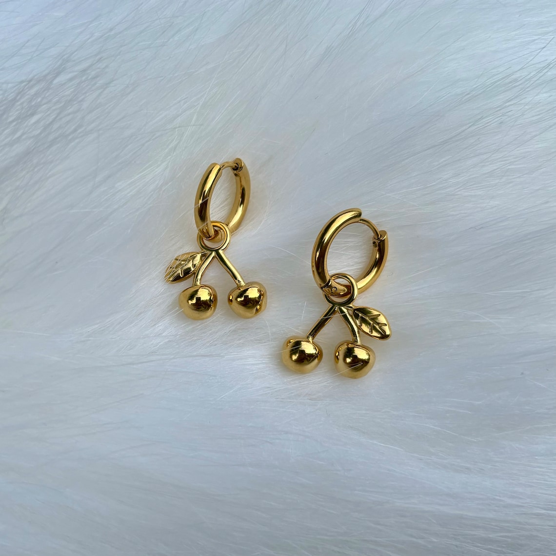 Cherry Fruit Earrings, Clicker Huggies, Fruit Hoops, Cherries Gold Cherries Silver, Tropical ...