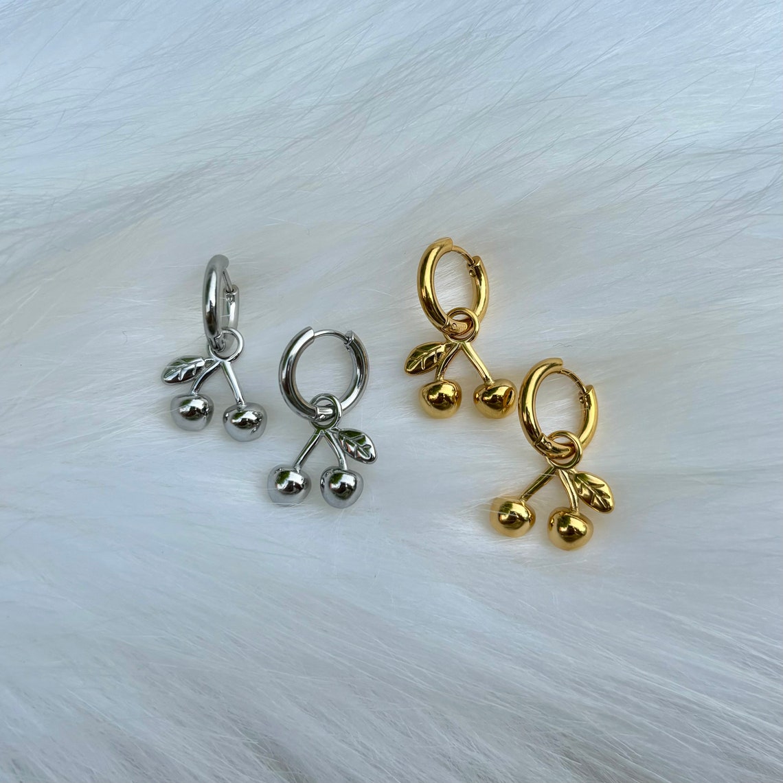 Cherry Fruit Earrings, Clicker Huggies, Fruit Hoops, Cherries Gold Cherries Silver, Tropical ...