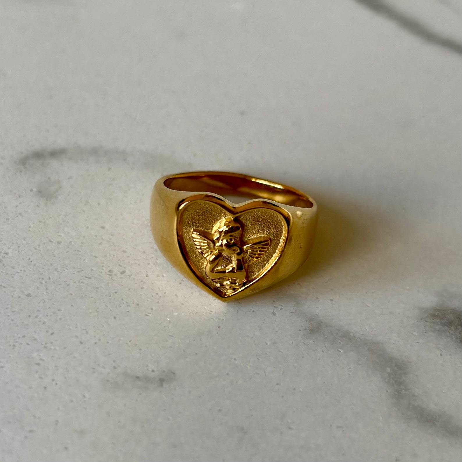 Cupid Angel Heart Shaped Signet Gold Ring, Statement Chunky Jewellery ...