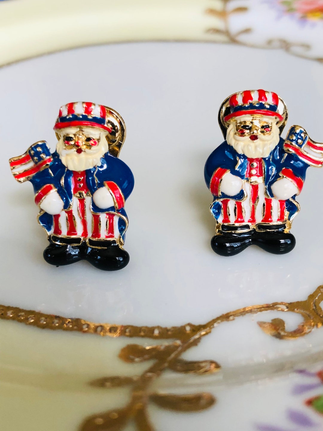 Vintage Uncle Sam Patriotic USA Red White and Blue Poured Enamel Gold ...