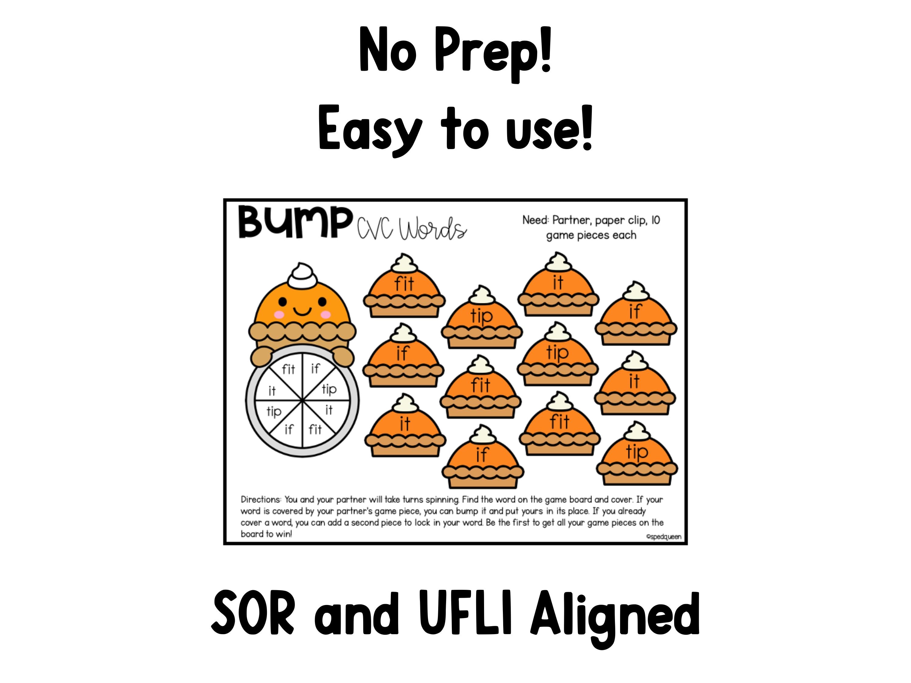 Short Vowel Word Bump SOR Aligned UFLI Aligned Thanksgiving Game and ...