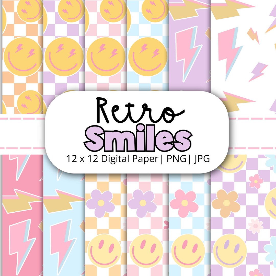 Retro Smiley Face Digital Paper: 12x12 Scrapbook Graphics (JPG + PNG ...
