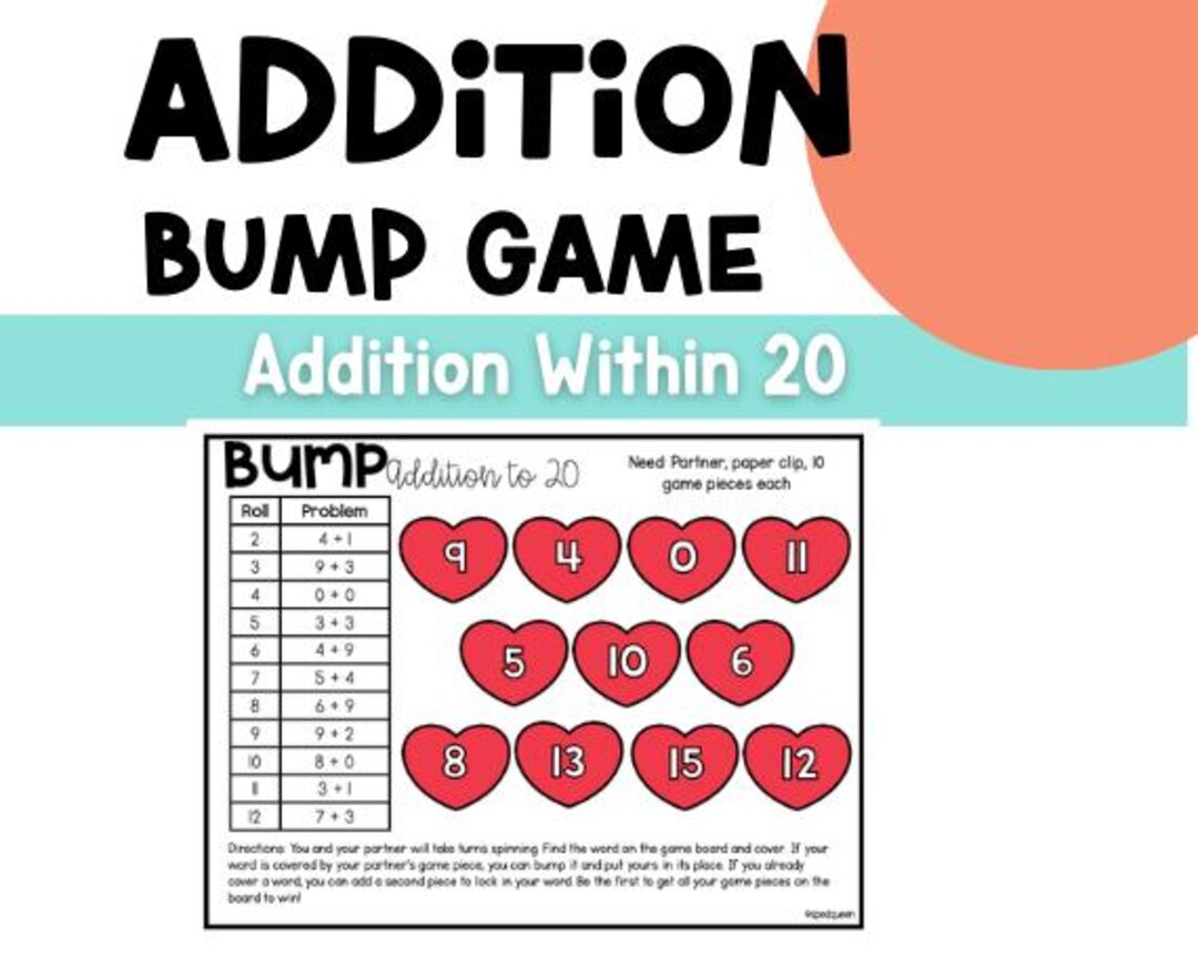 Addition Within 20 Bump Game Valentine's Day Math Game NO PREP - Etsy