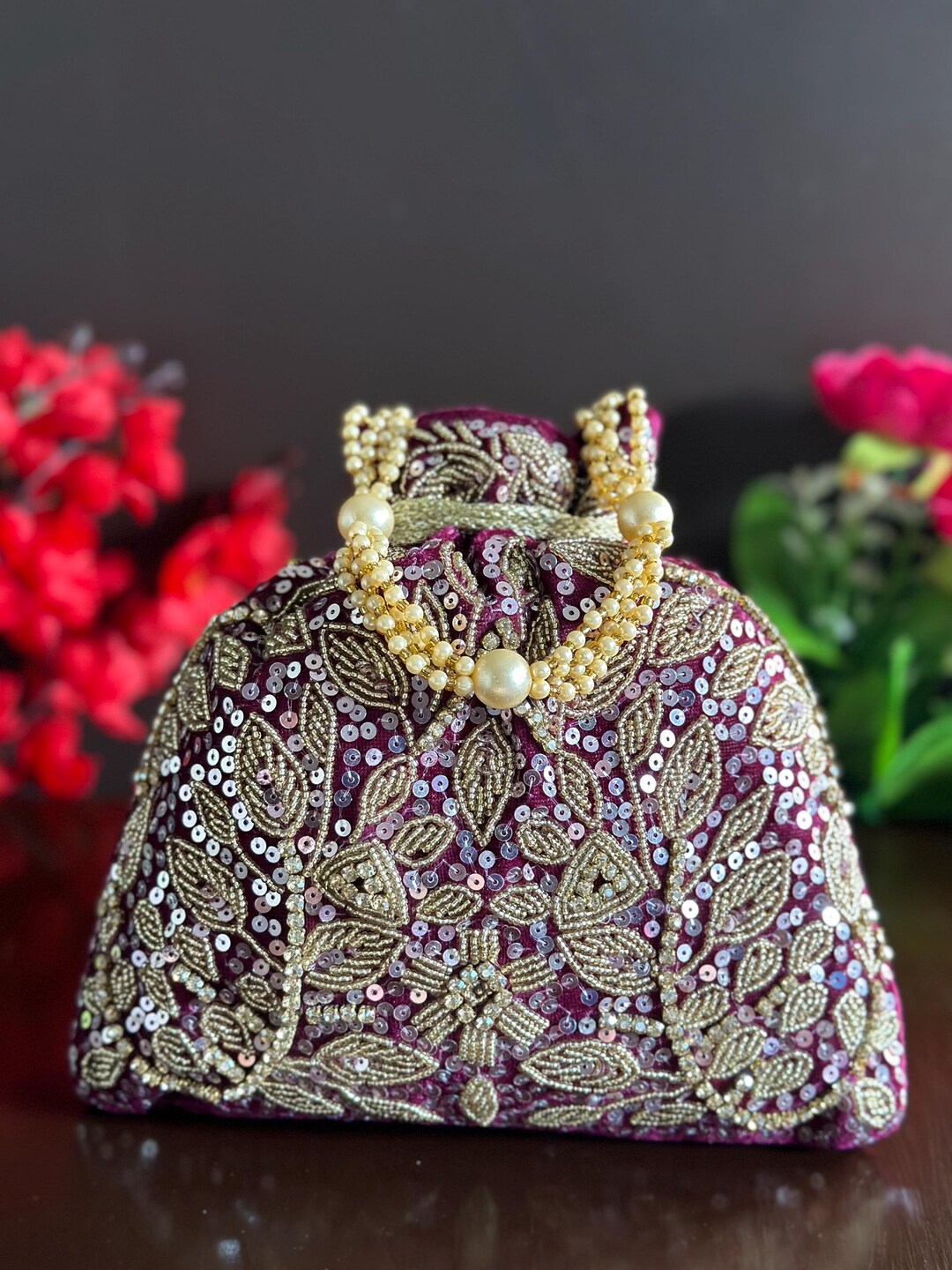 Wine Purple Gold Embroidery Potli Bag With Pearl Handle / Indian ...