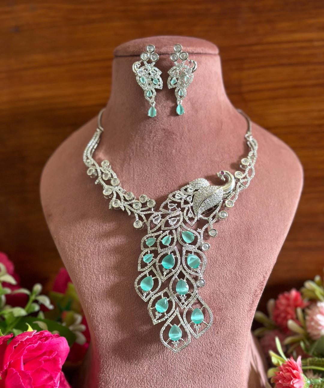 Mint Blue Unique Peacock Design Necklace Set With Earrings / Statement ...