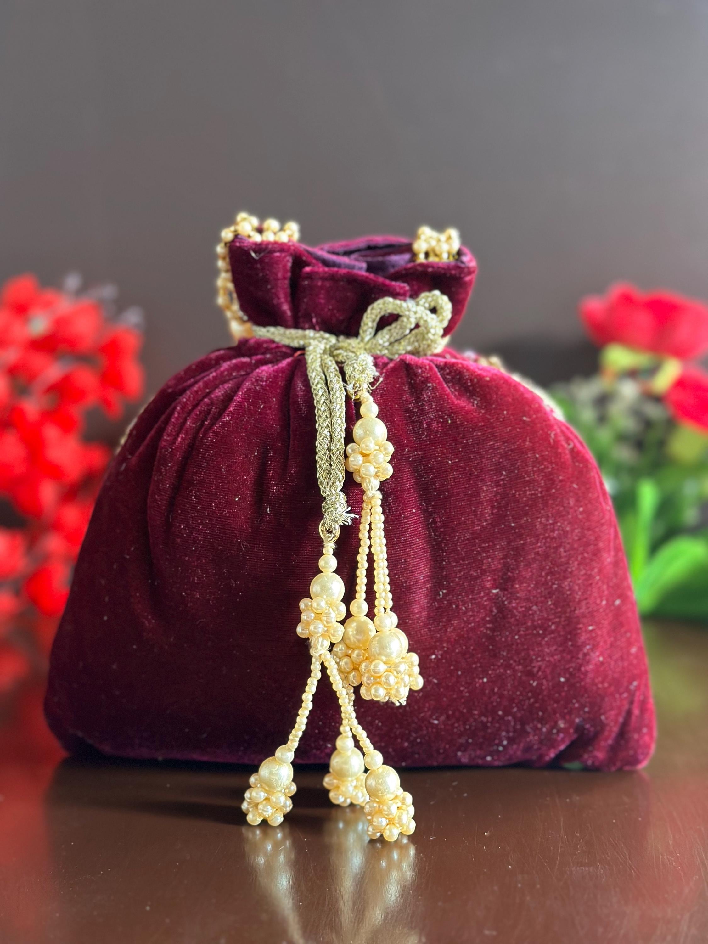 Wine Purple Gold Embroidery Potli Bag With Pearl Handle / Indian ...