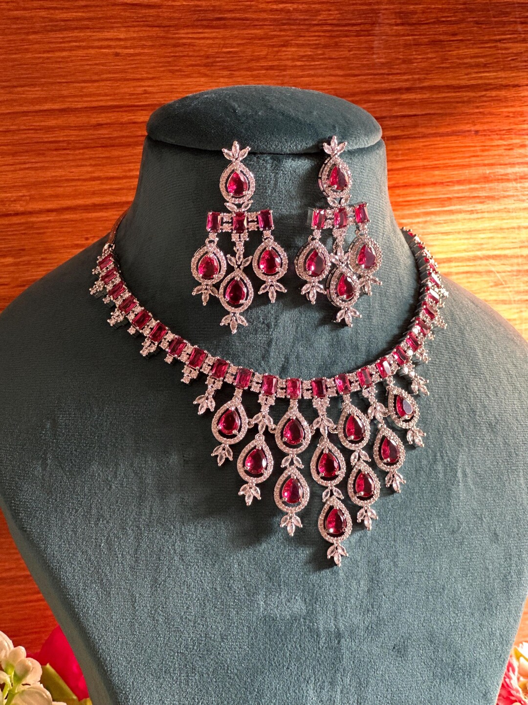 Ruby Red Zircon Statement Necklace Set: Silver AD Replica Earrings - Etsy