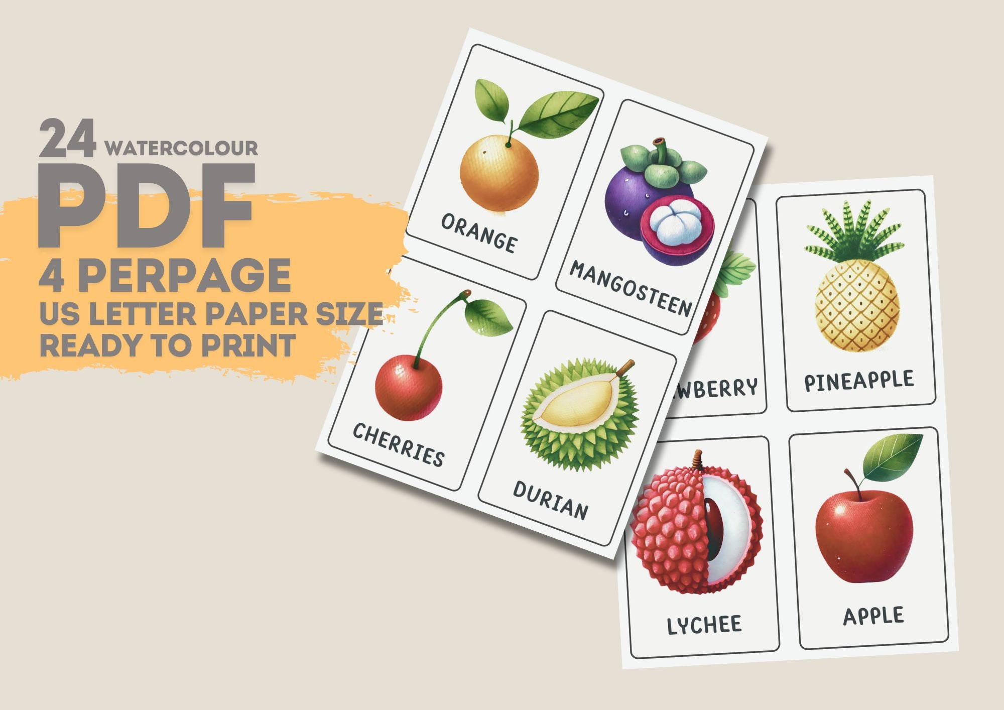Watercolor Fruit Flashcards Printable Educational Cards for Kids ...
