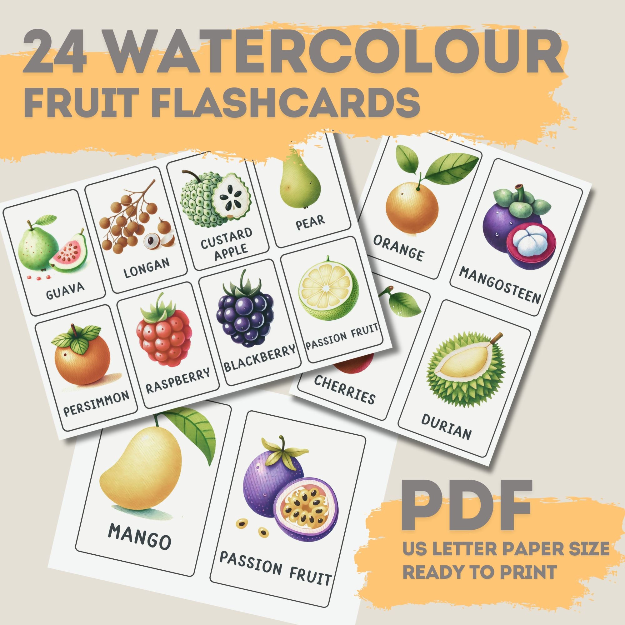 Watercolor Fruit Flashcards Printable Educational Cards for Kids ...