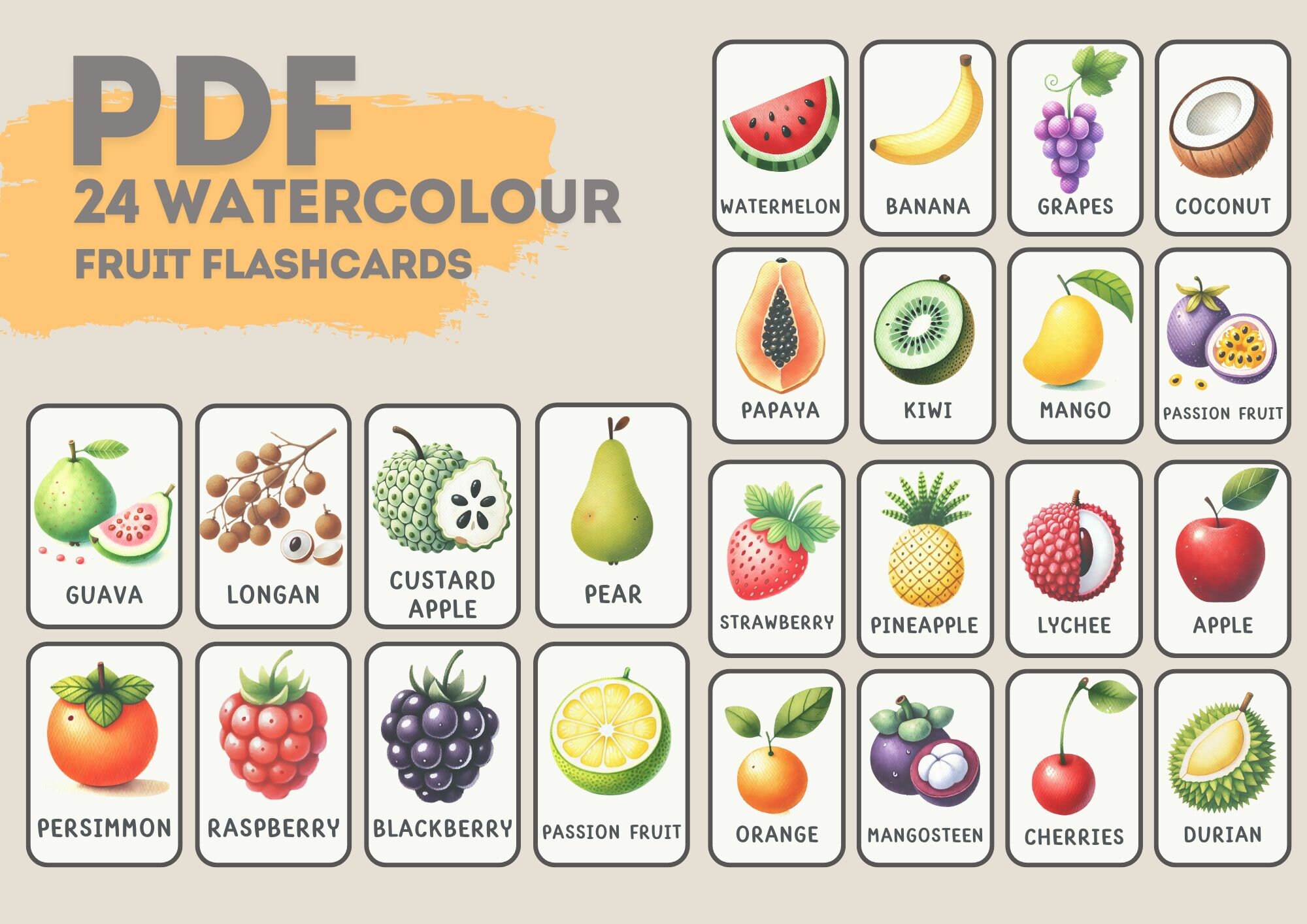 Watercolor Fruit Flashcards Printable Educational Cards for Kids ...