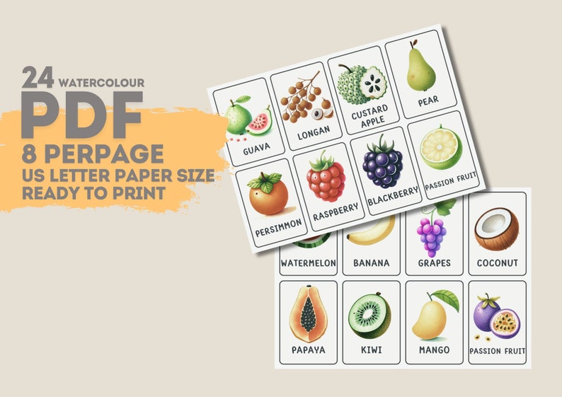 Watercolor Fruit Flashcards Printable Educational Cards for Kids ...