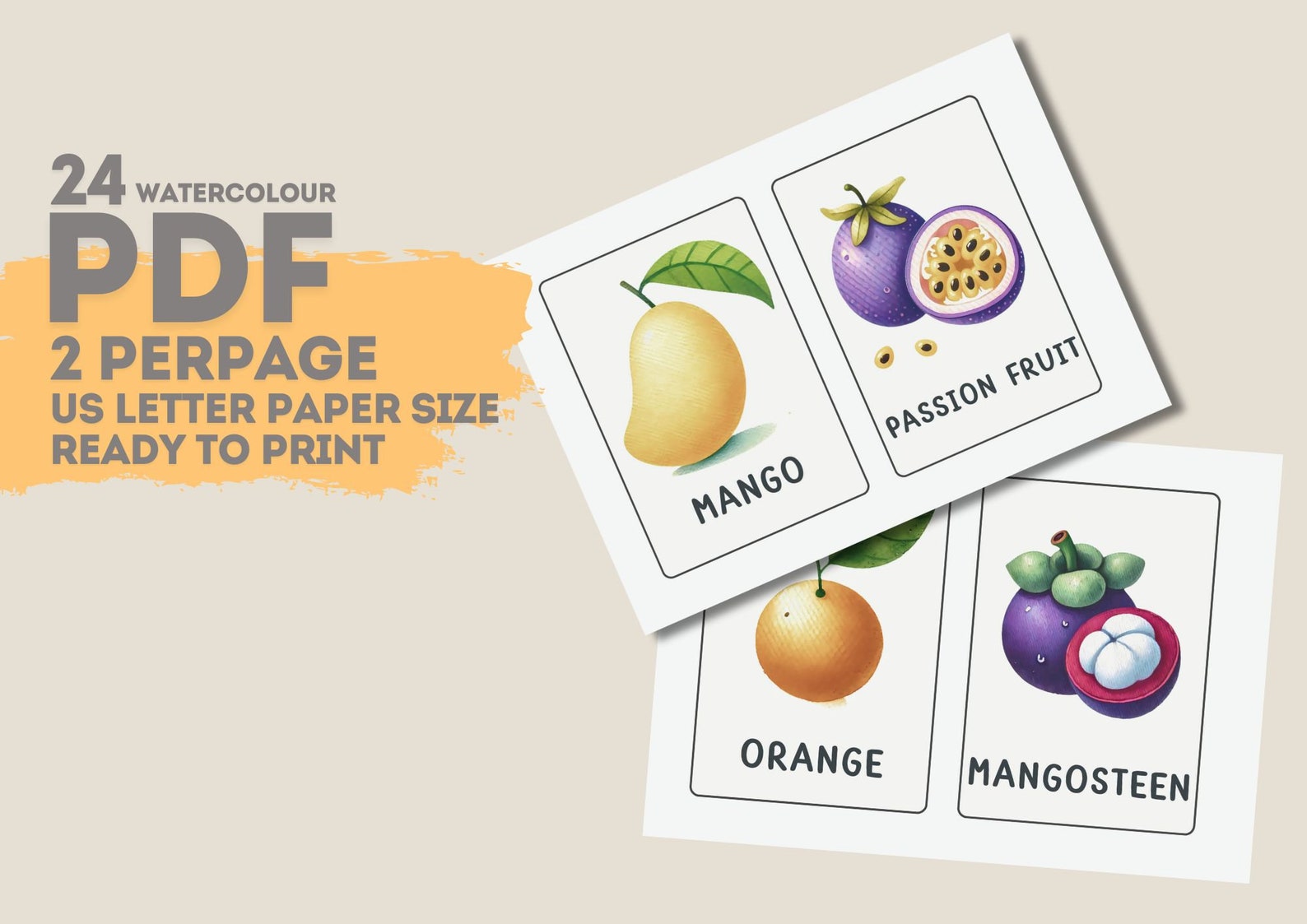 Watercolor Fruit Flashcards Printable Educational Cards for Kids ...