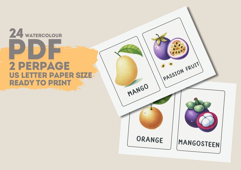 Watercolor Fruit Flashcards Printable Educational Cards for Kids ...