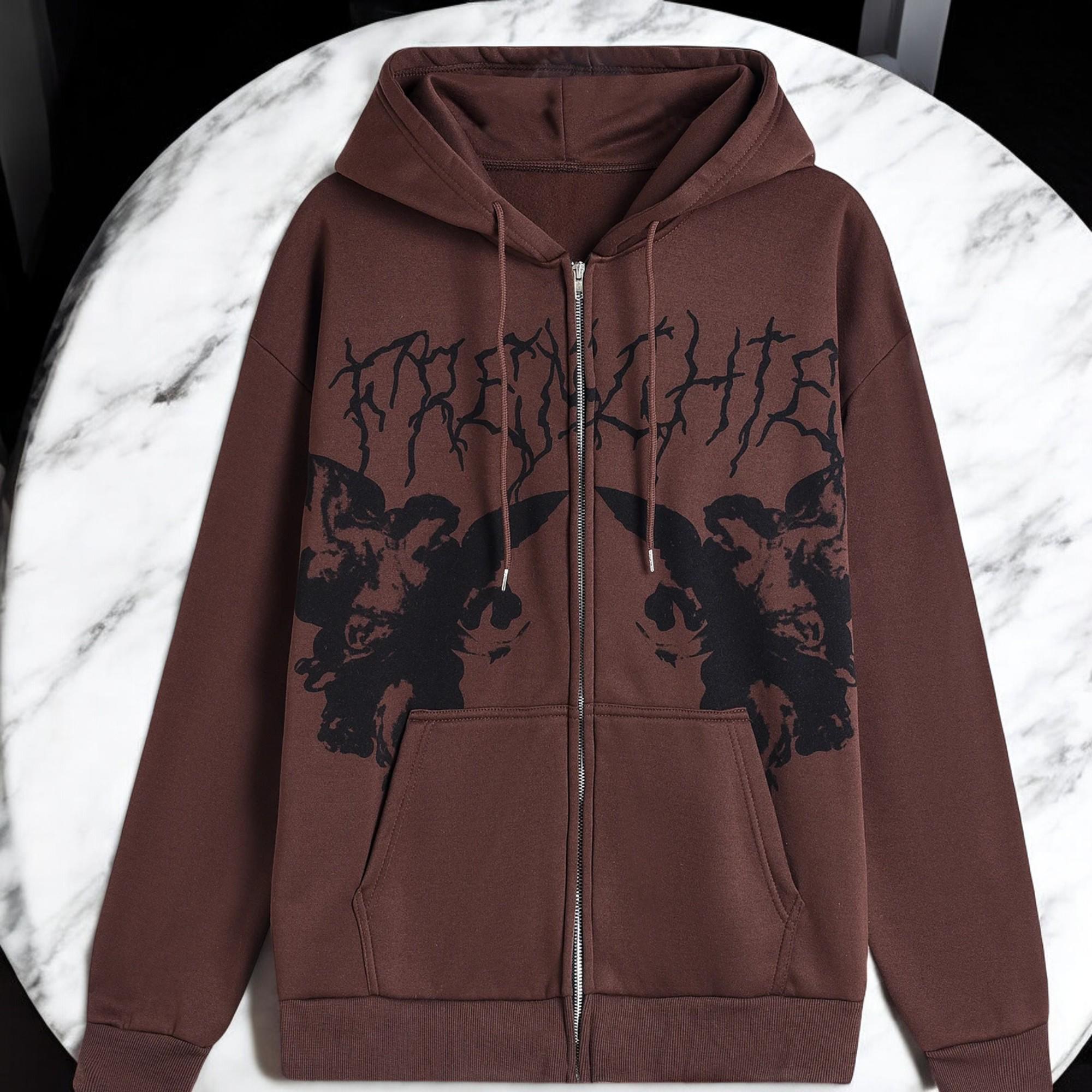 Vintage Gothic Angel Print Hoodie - Streetwear Oversized Zipper Hoodie ...