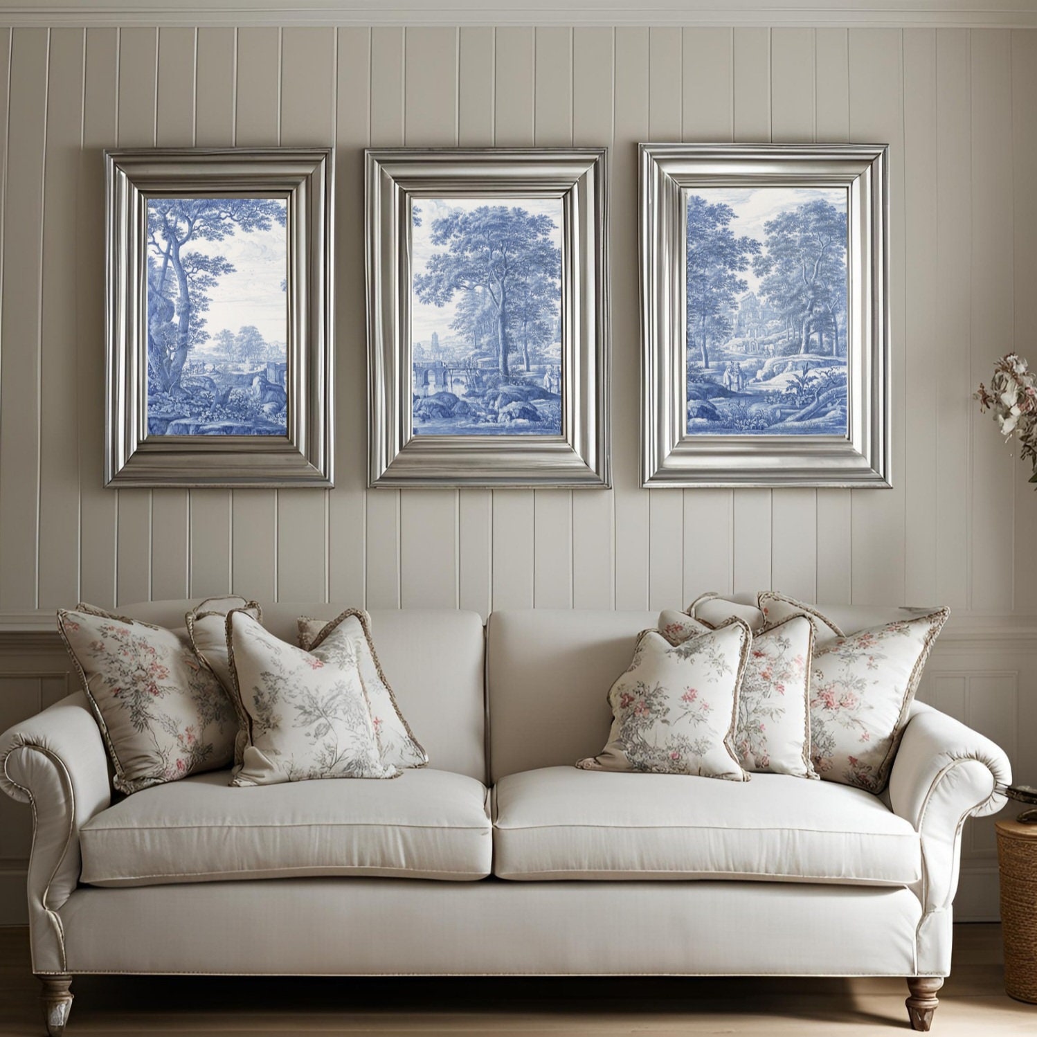Set of 3 Wall Art Prints, Toile De Jouy Poster, Blue White Home Decor ...
