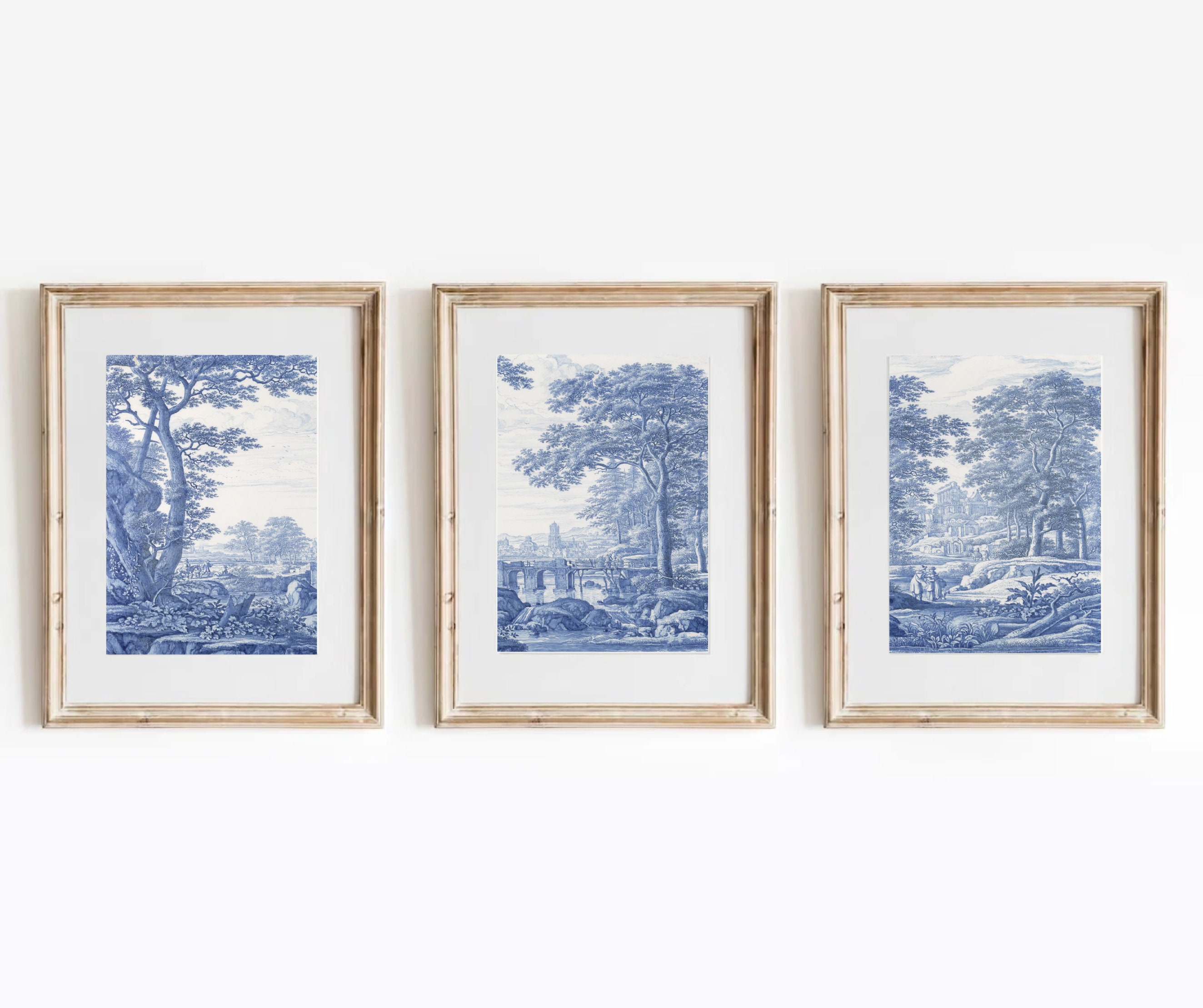 Set of 3 Wall Art Prints, Toile De Jouy Poster, Blue White Home Decor ...