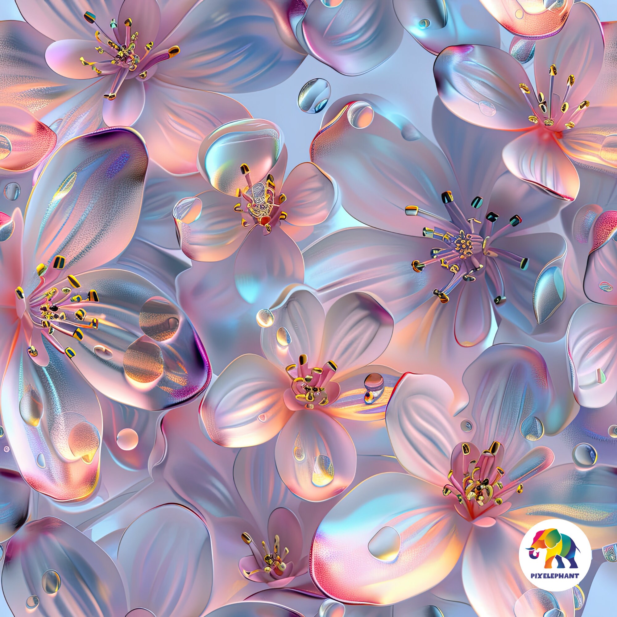 Seamless 3D Real Flowers With Water Drop Pattern - 12x12 Inch Digital ...
