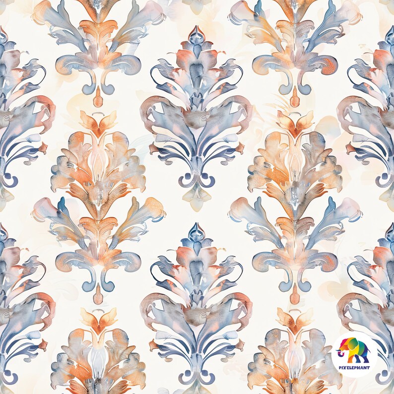 Seamless Vintage Damask Pattern in Soft Color Watercolor Design, Boho ...