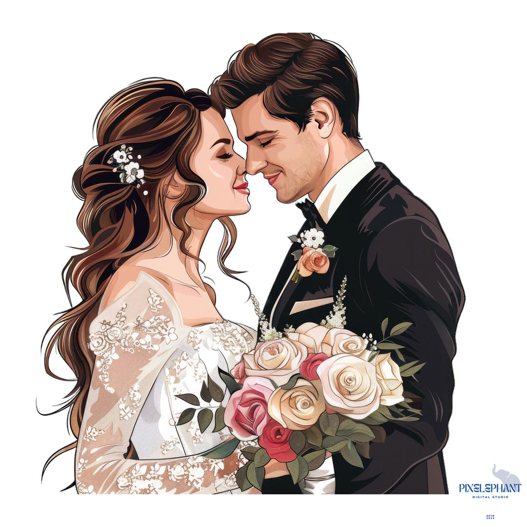 Beautiful Bride and Groom Clip Art With Flowers, Charming Wedding Day ...