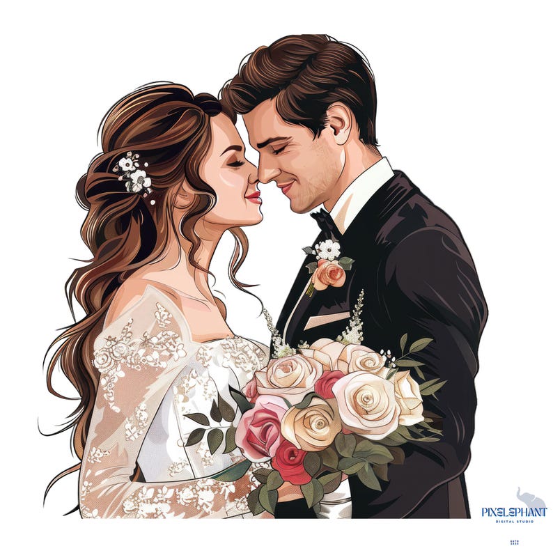 Beautiful Bride and Groom Clip Art With Flowers, Charming Wedding Day ...