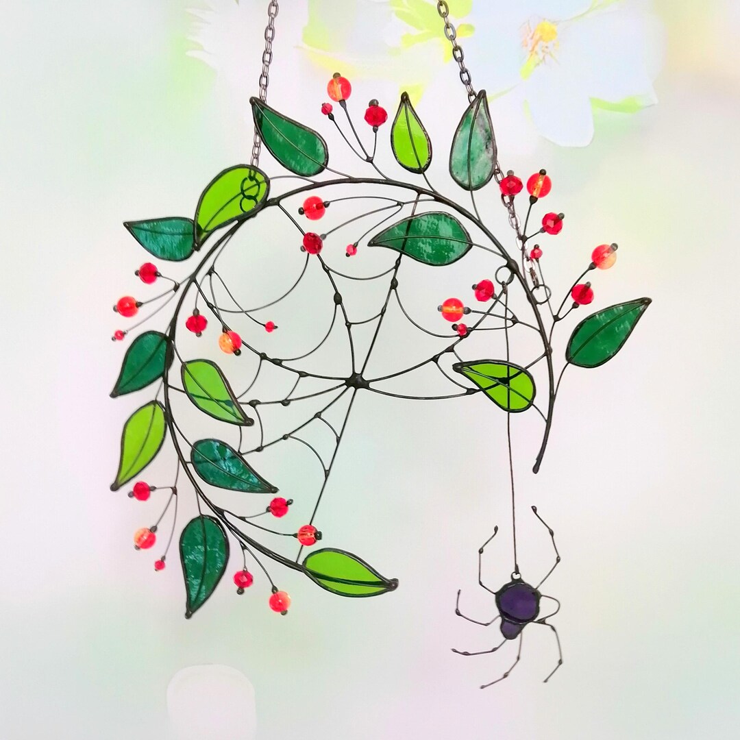 Stained Glass Halloween Suncatcher: Gothic Spider Web Wreath - Etsy