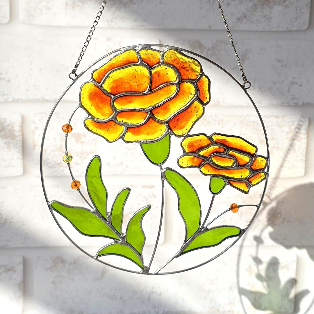 Marigold Stained Glass Sun Catcher: Handmade Floral Window Decor - Etsy