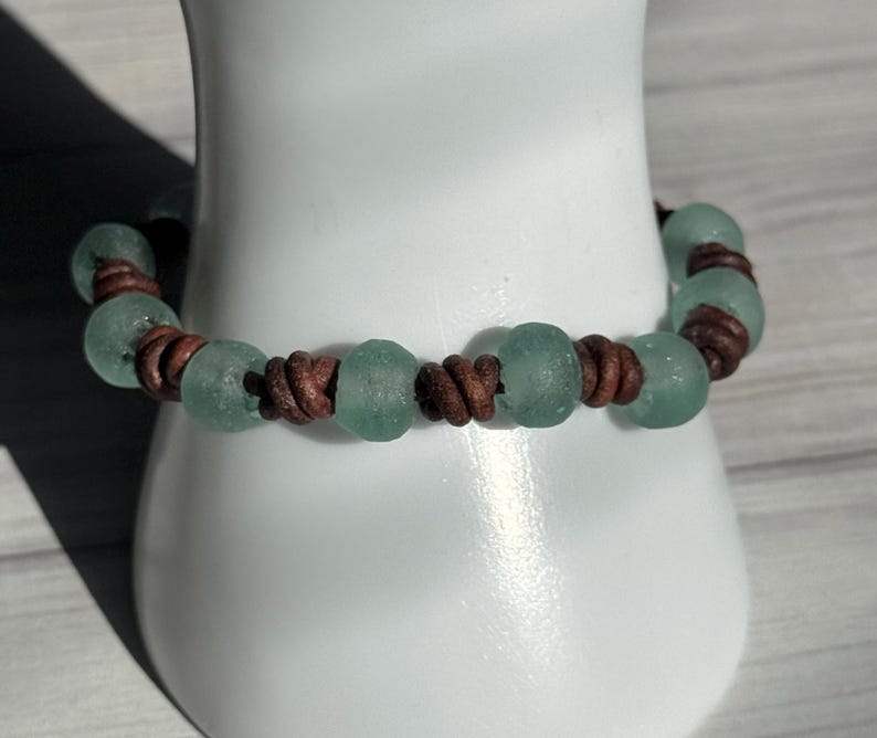 Recycled Java Sea Glass Bracelet: Brown Leather Cord, Silver-tone ...