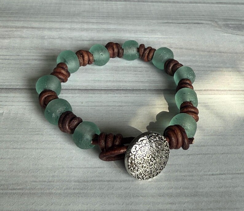Recycled Java Sea Glass Bracelet: Brown Leather Cord, Silver-tone ...