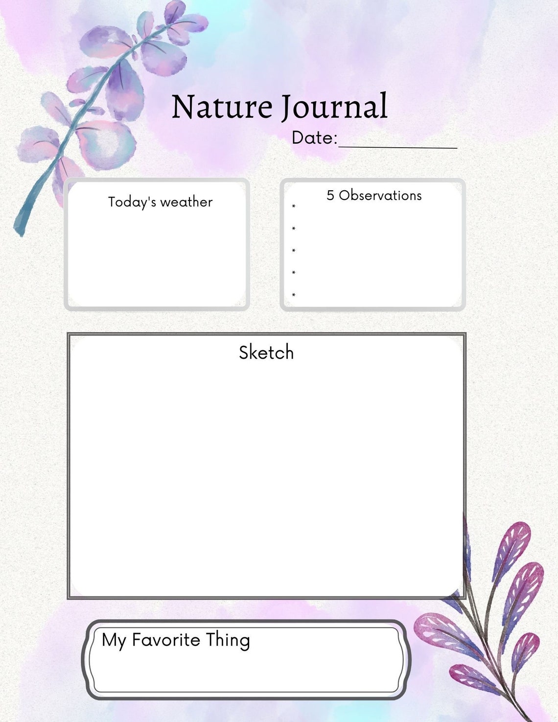 Purple Nature Journal Printable Page With Watercolor Style - Etsy