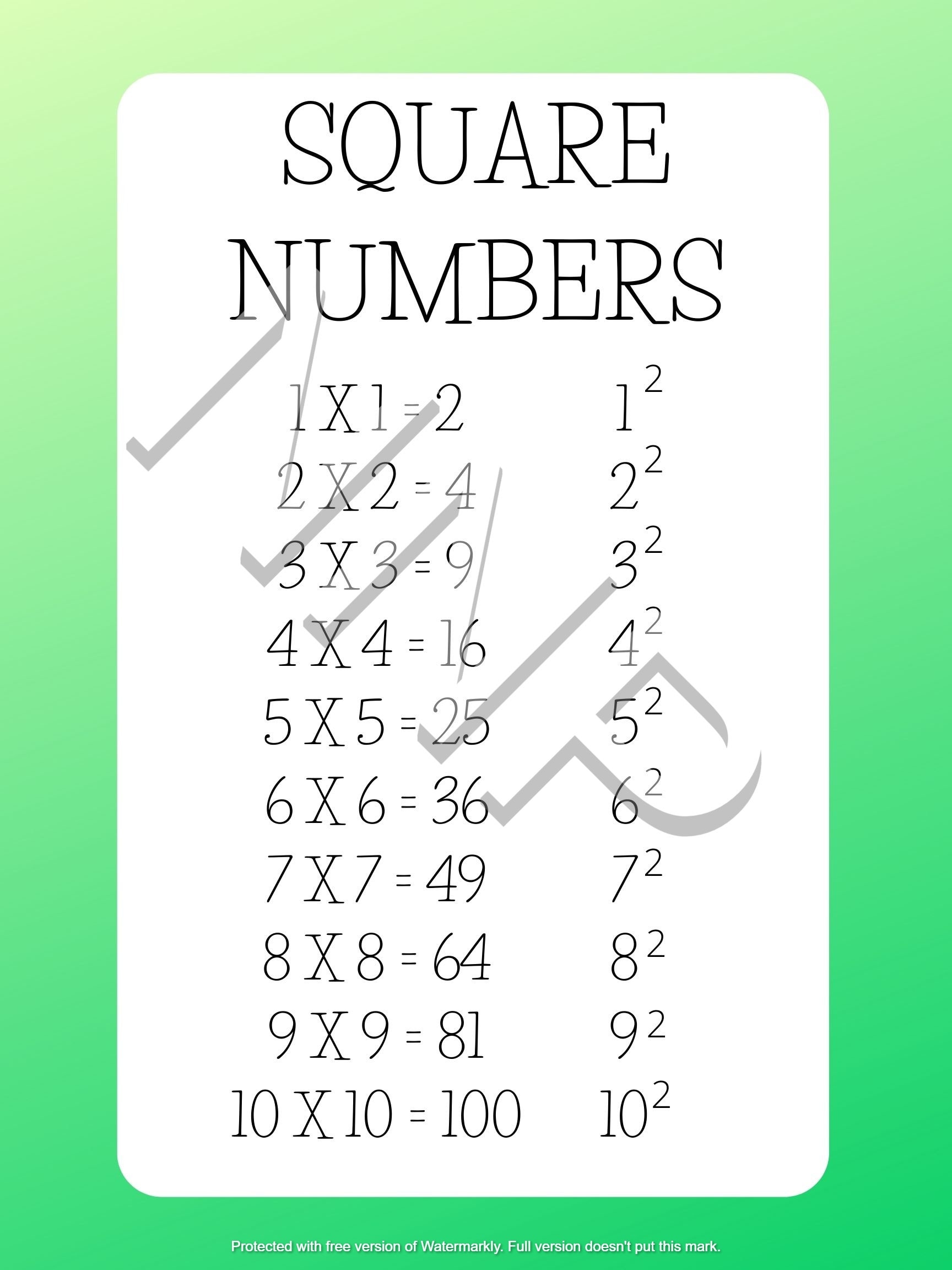 Square Numbers Math Chart Printable Poster Handout Worksheet Rainbow ...