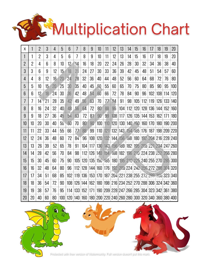 Dragon Theme 20x20 Multiplication Chart Printable - Etsy