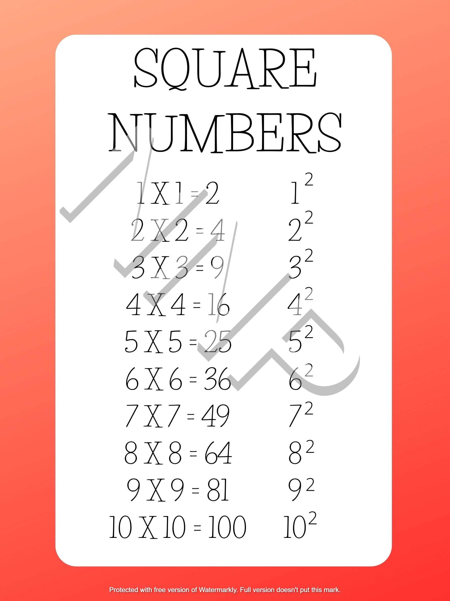 Square Numbers Math Chart Printable Poster Handout Worksheet Rainbow ...