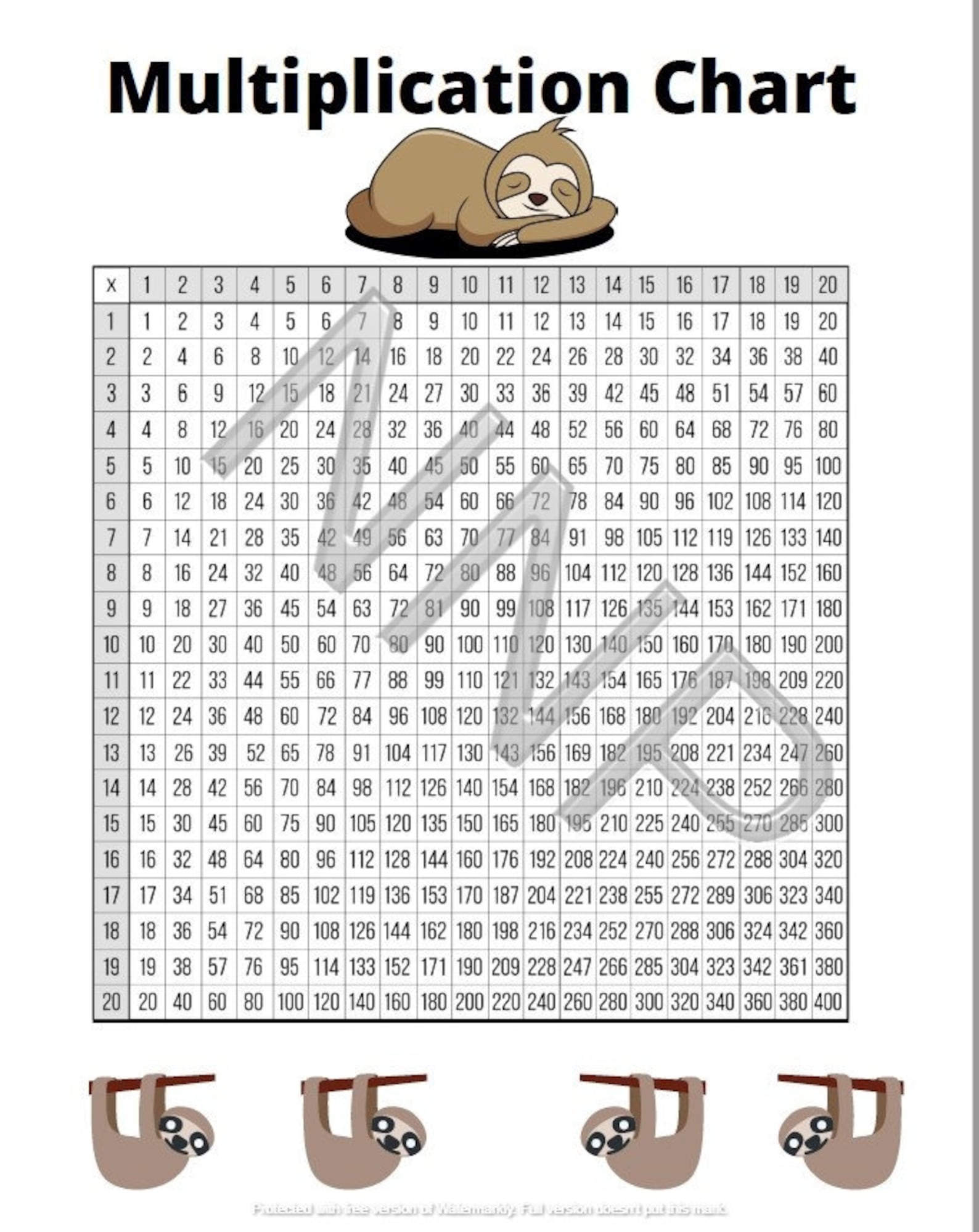 20x20 Multiplication Chart Printable Pack - Etsy