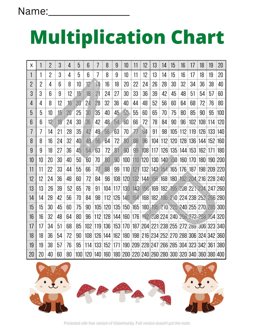 Fox Theme 20x20 Multiplication Chart Printable - Etsy