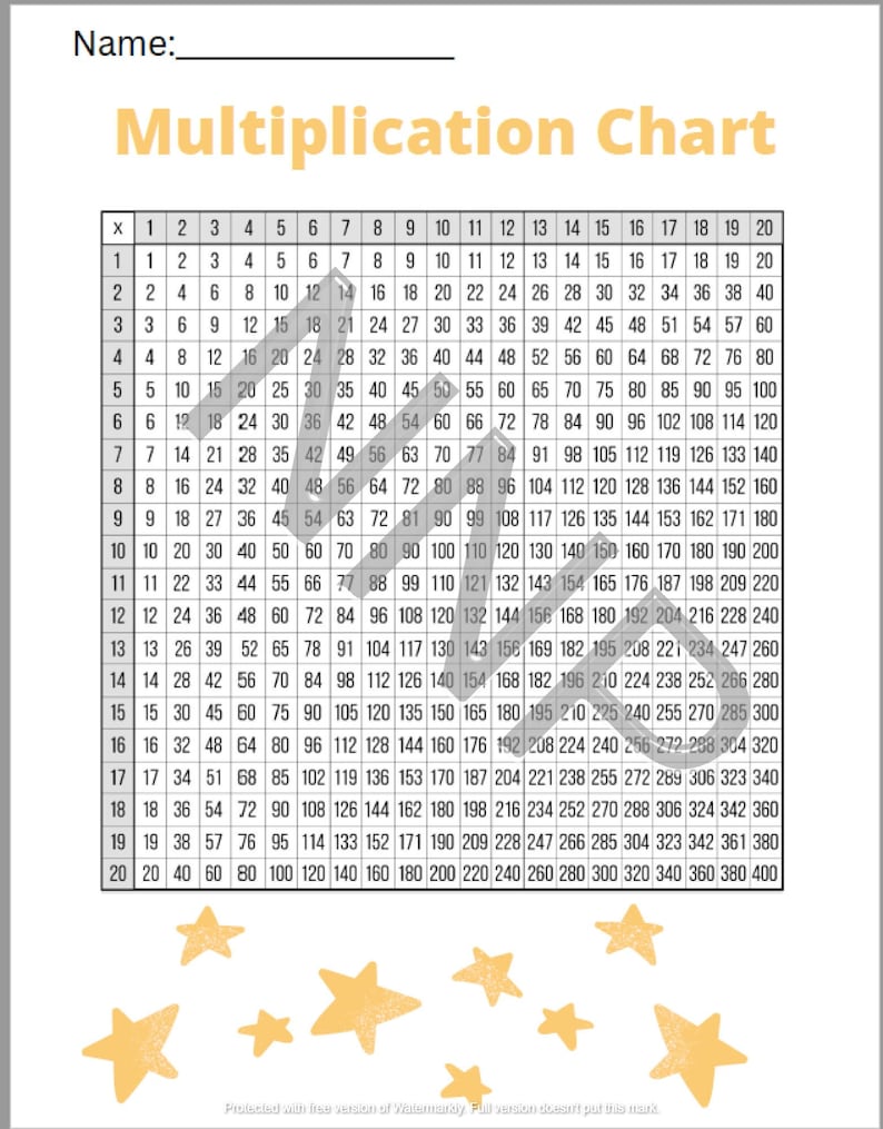 Gold Star Theme 20x20 Multiplication Chart Printable - Etsy