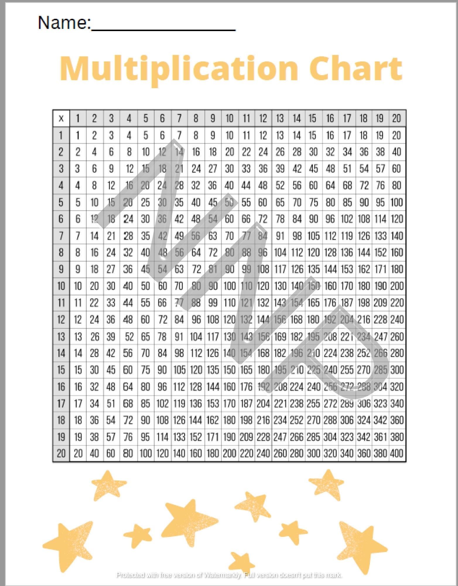 Multiplication Table 20x20