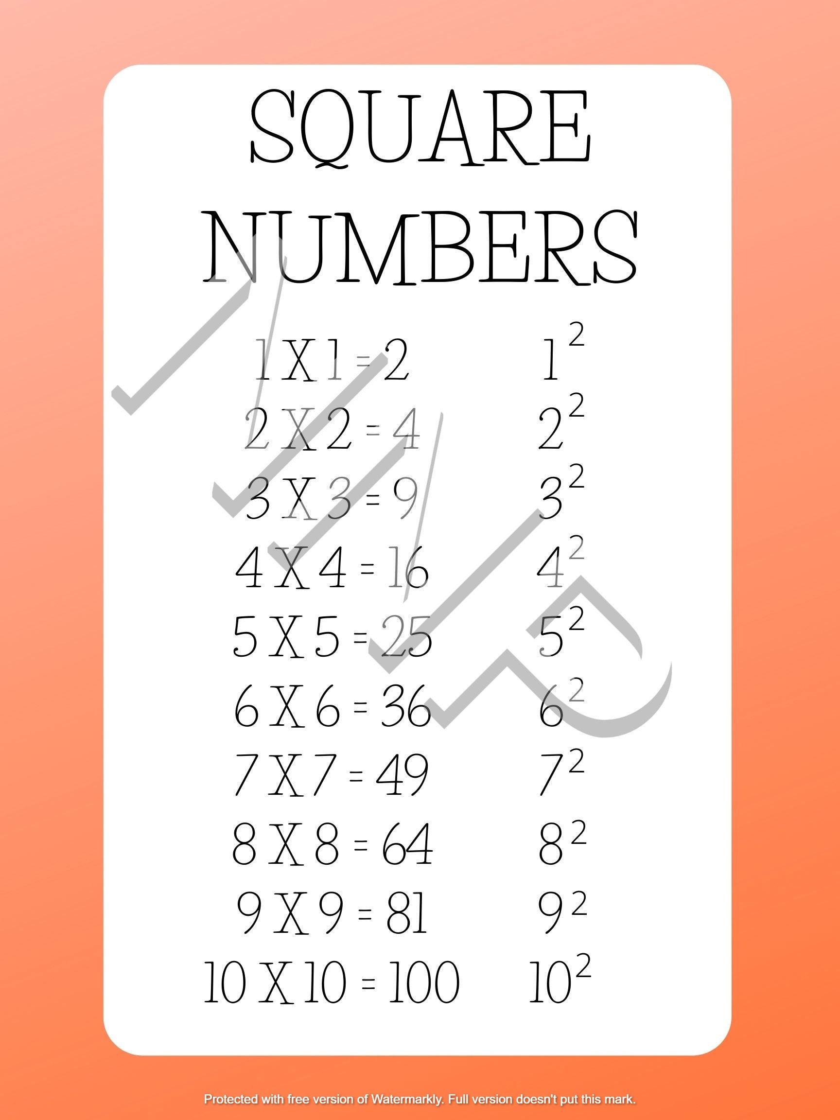 Square Numbers Math Chart Printable Poster Handout Worksheet Rainbow ...