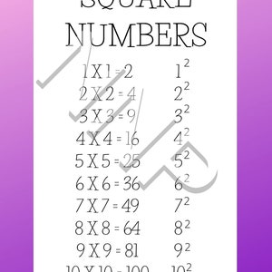 Square Numbers Math Chart Printable Poster Handout Worksheet Rainbow ...