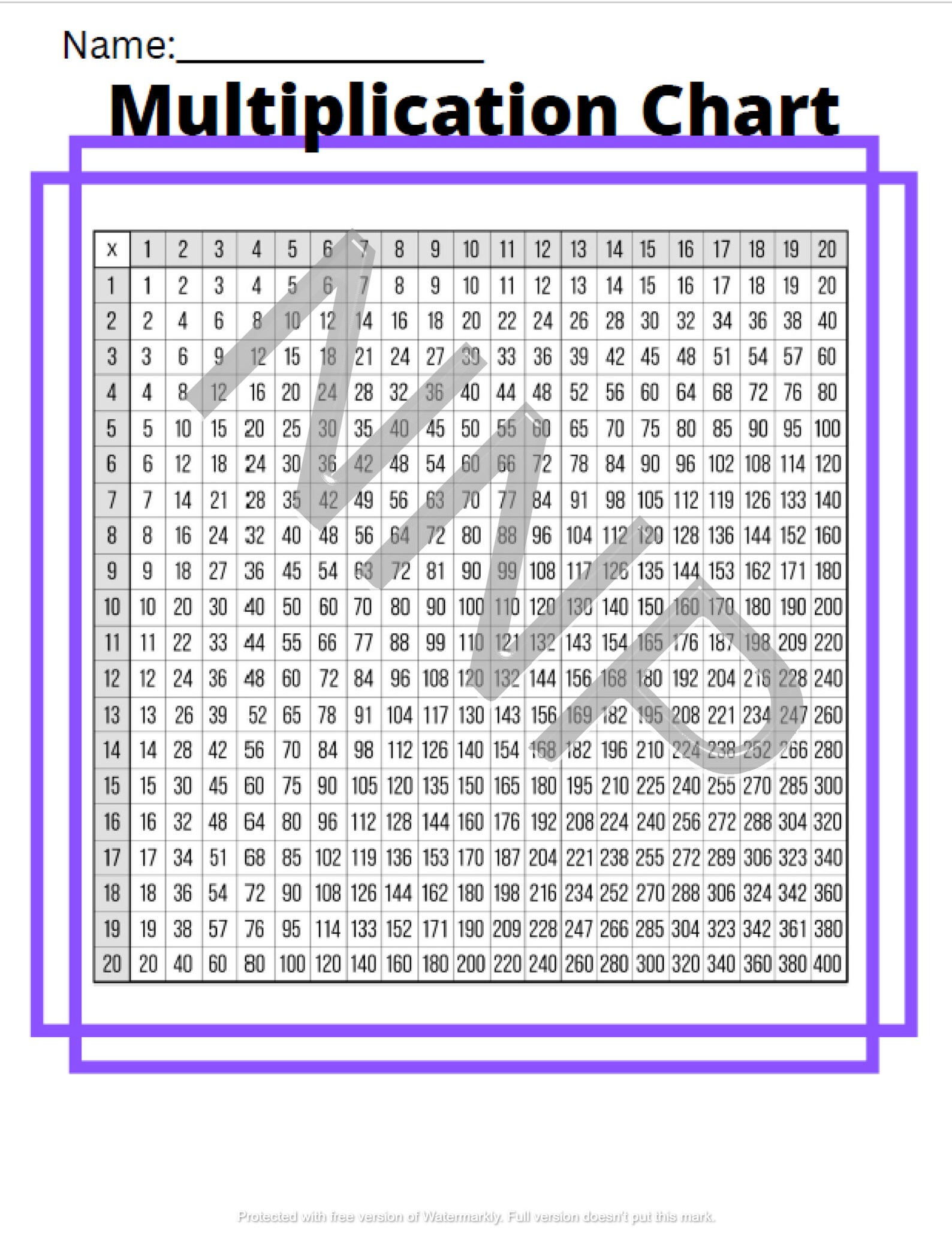 Rainbow 20x20 Multiplication Chart Printable Pack - Etsy