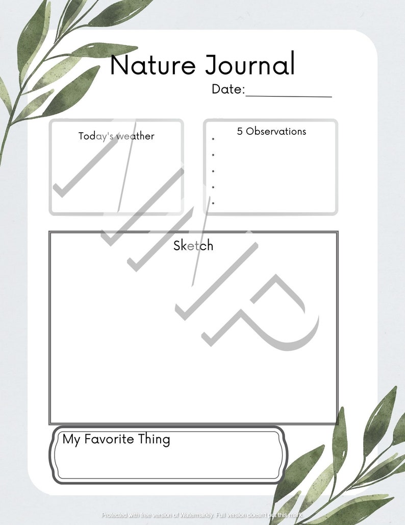 Nature Journal Printable Page With Gray Background and Green Leaves - Etsy