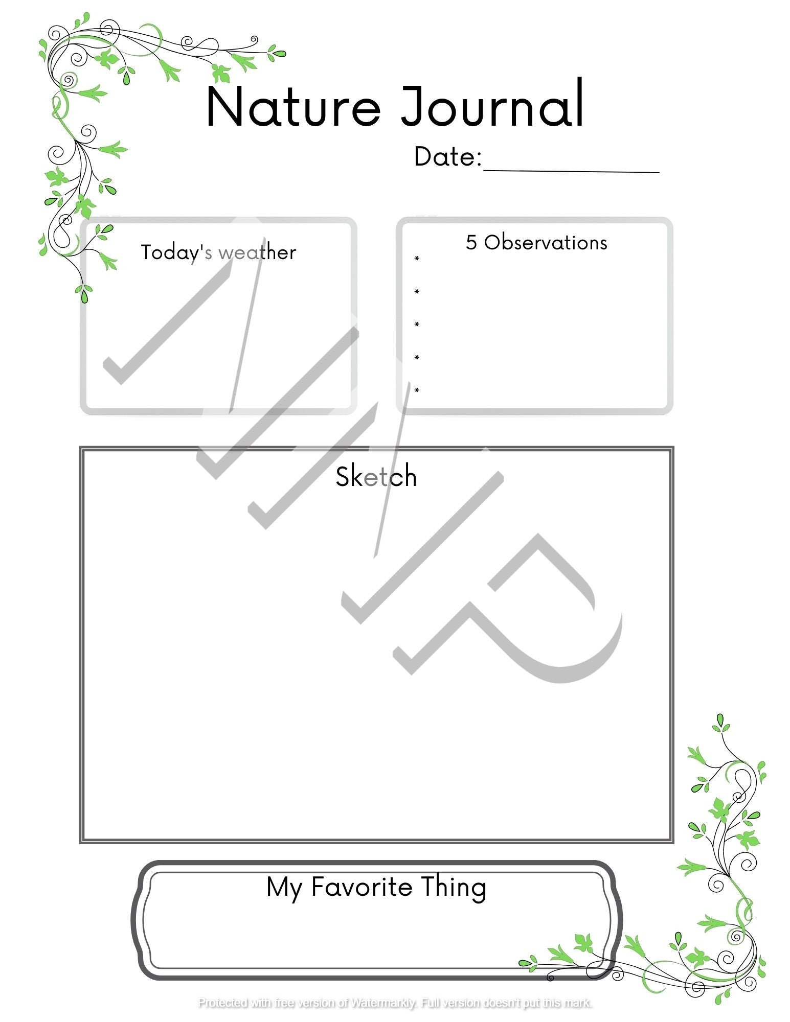 Nature Journal Printable Page With Green Twirling Leaves - Etsy