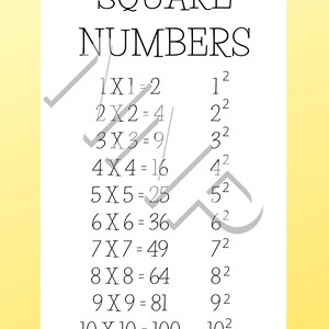 Square Numbers Math Chart Printable Poster Handout Worksheet Rainbow ...