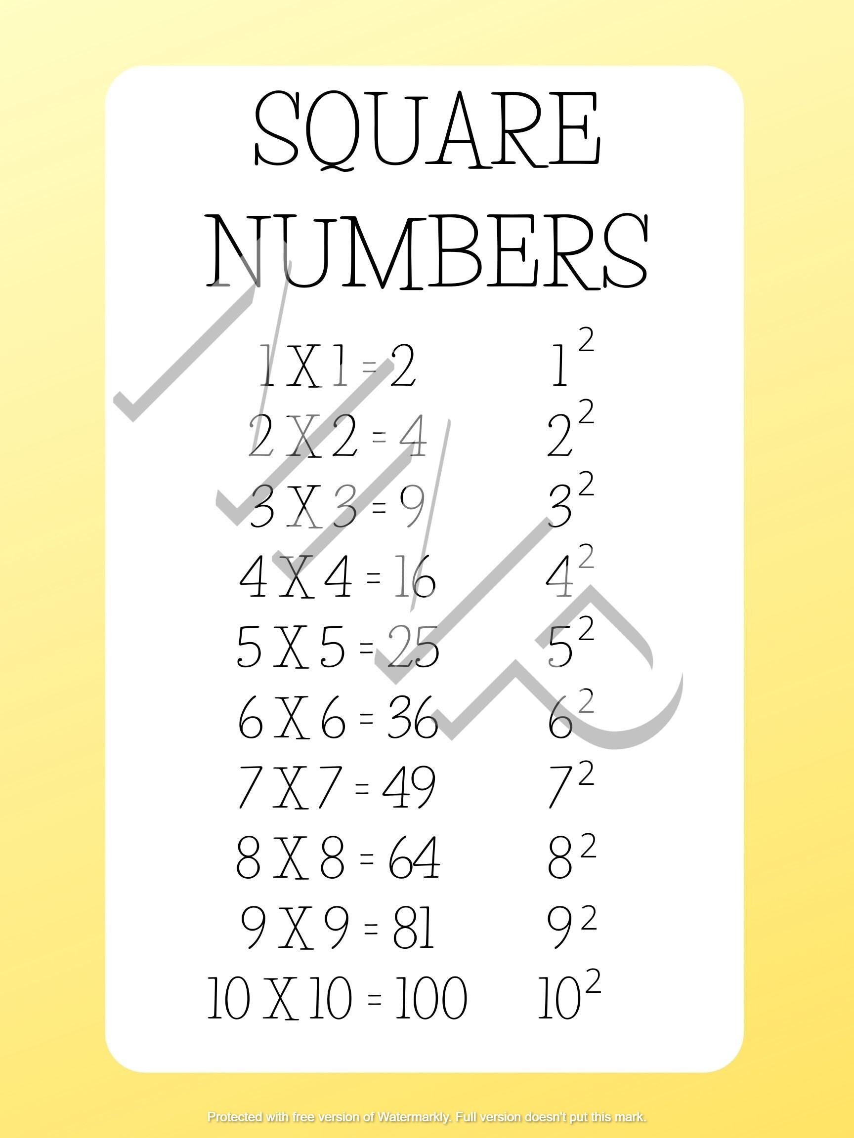 Square Numbers Math Chart Printable Poster Handout Worksheet Rainbow ...