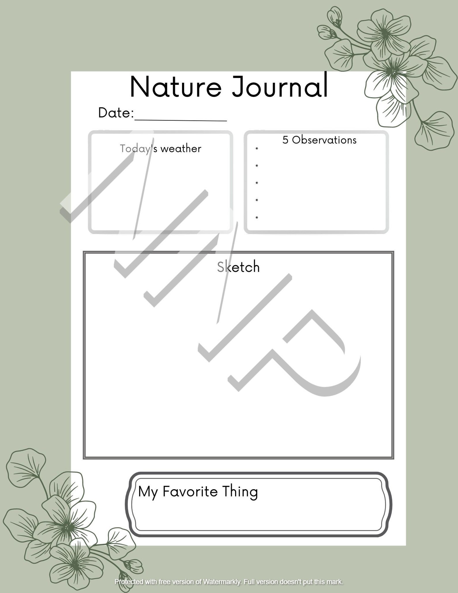 Sage Green Nature Journal Printable Page With Line Drawn Flowers - Etsy