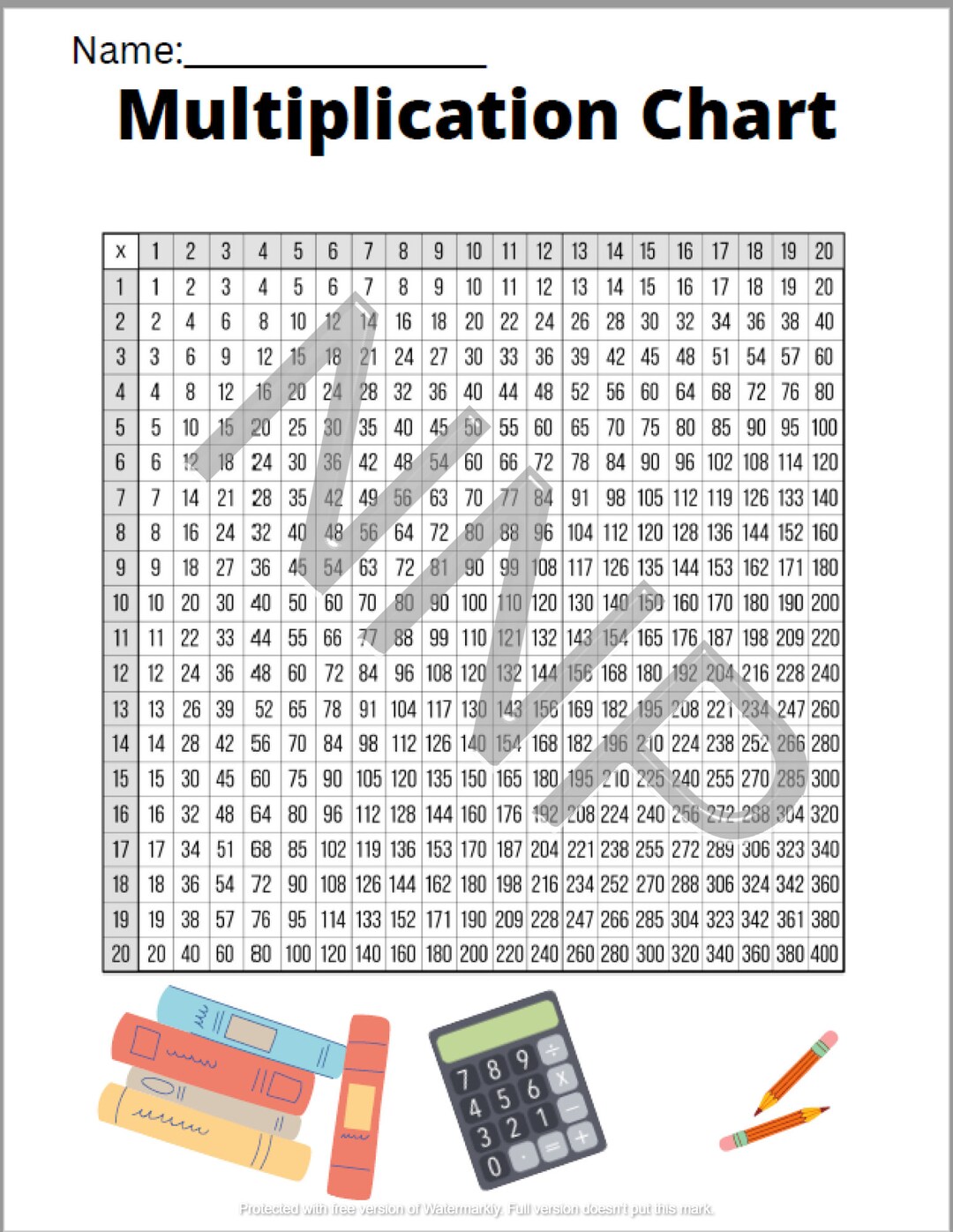 School Theme 20x20 Multiplication Chart Printable - Etsy