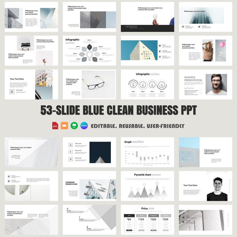 53-slide Blue Clean Business Presentation Template for Design Showcase ...