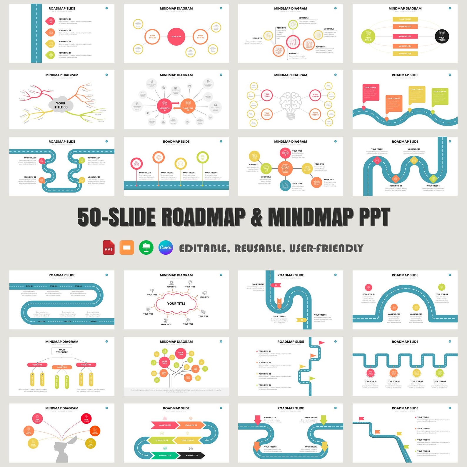 50-slide Roadmap and Mindmap Infographics PPT Template | Project ...