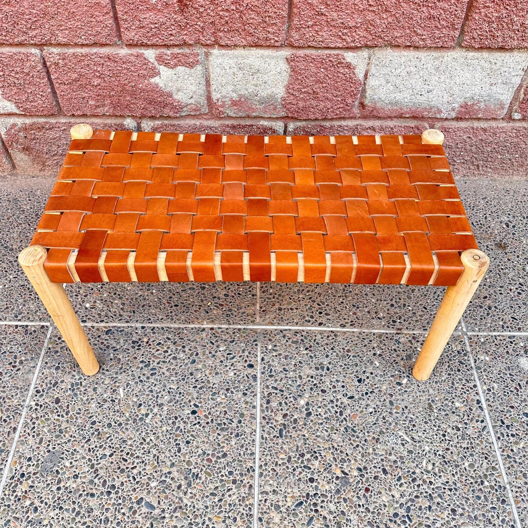 Woven Leather Bench for Entryway Leather Strap Bench Scandinavian Style ...